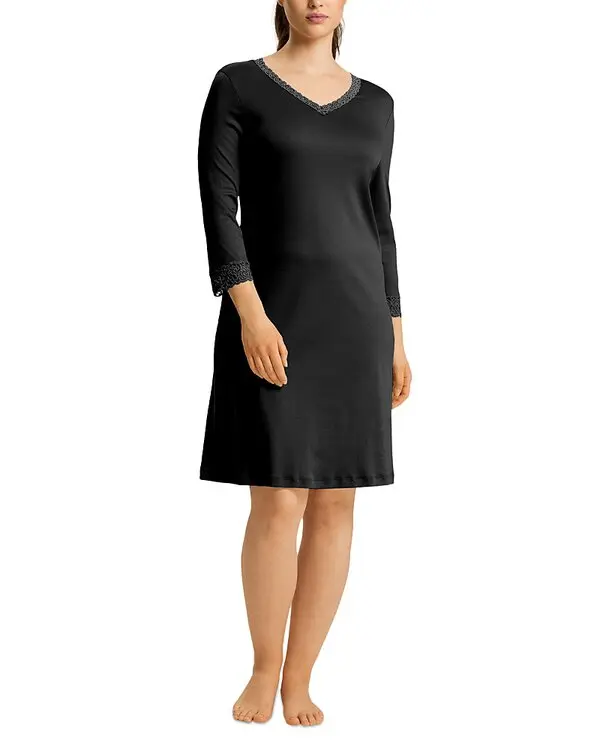 Hanro Moments Cotton Lace Trim Nightgown - Black