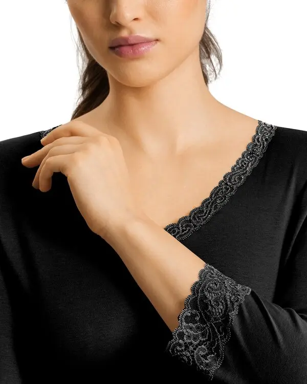 Hanro Moments Cotton Lace Trim Nightgown - Black