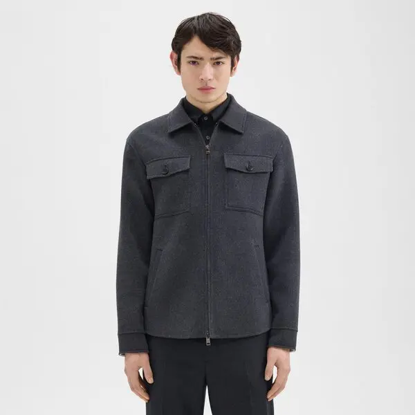 Theory Shirt Jacket In Double-face Wool-cashmere - Dark Charcoal Melange