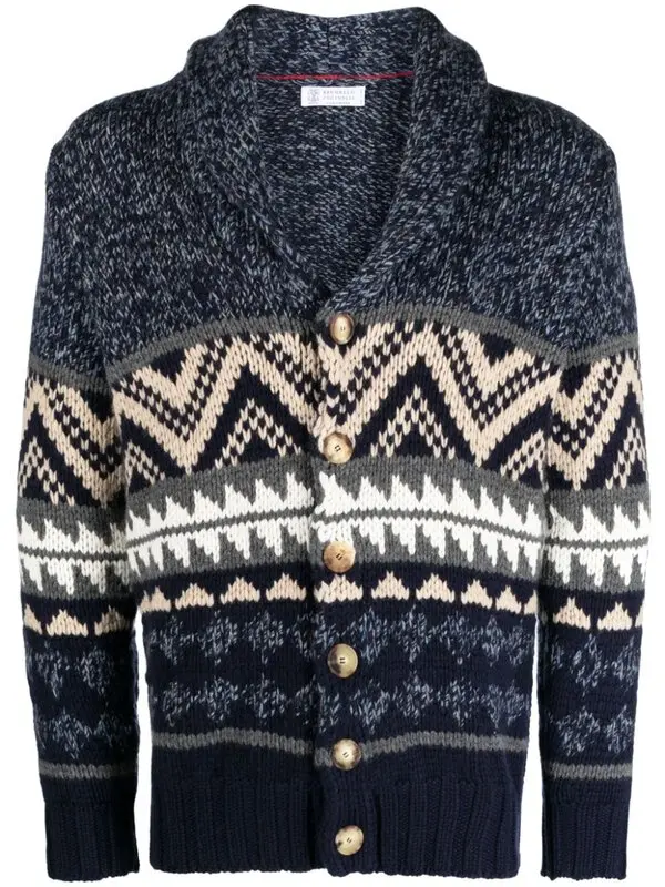 Brunello Cucinelli Intarsia Cashmere Cardigan - Blue