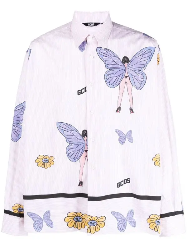 Gcds Butterfly-print Cotton Shirt - Pink