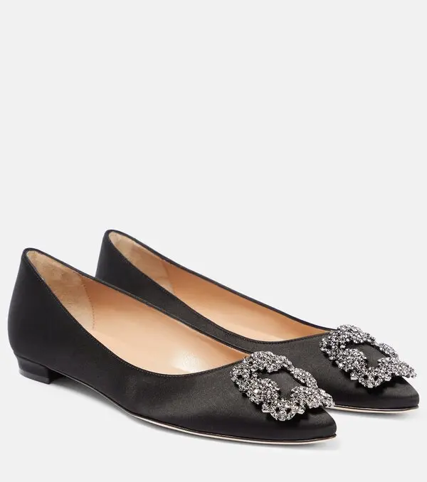 Manolo Blahnik Hangisiflat Embellished Satin Ballet Flats - Black