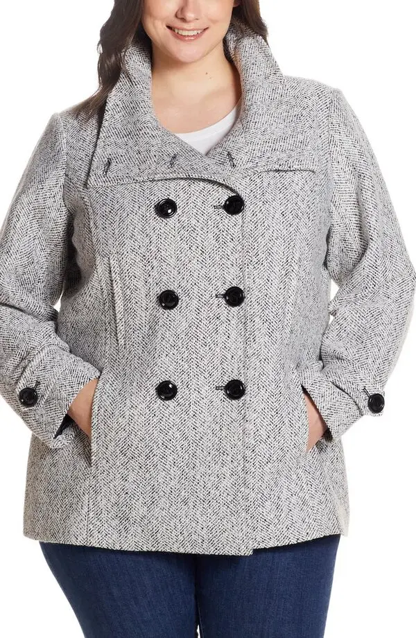 Gallery Double Breasted Pea Coat - Black/ White