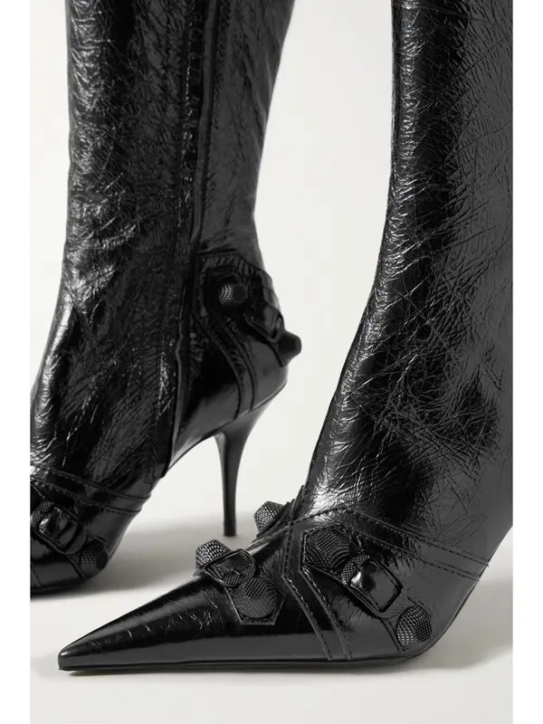 Balenciaga Le Cagole Studded Crinkled-leather Knee Boots - Black