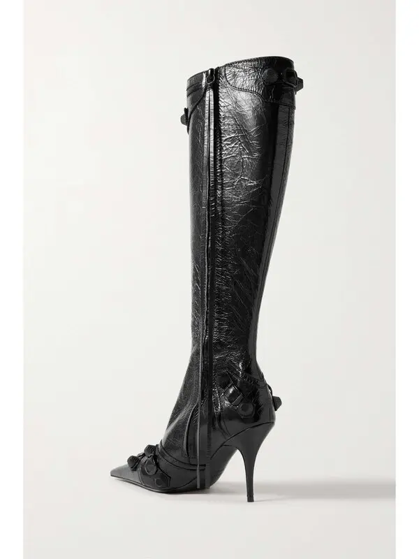 Balenciaga Le Cagole Studded Crinkled-leather Knee Boots - Black