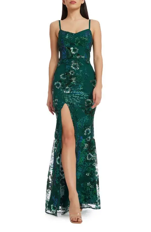 Dress The Population Tori Floral Sequin Gown In Deep Emerald Multi - 60%  Off | Editorialist