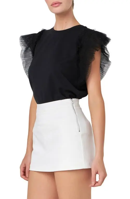 English Factory Mix Media Flutter Sleeve Knit Top - Black