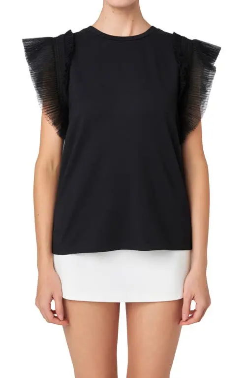 English Factory Mix Media Flutter Sleeve Knit Top - Black