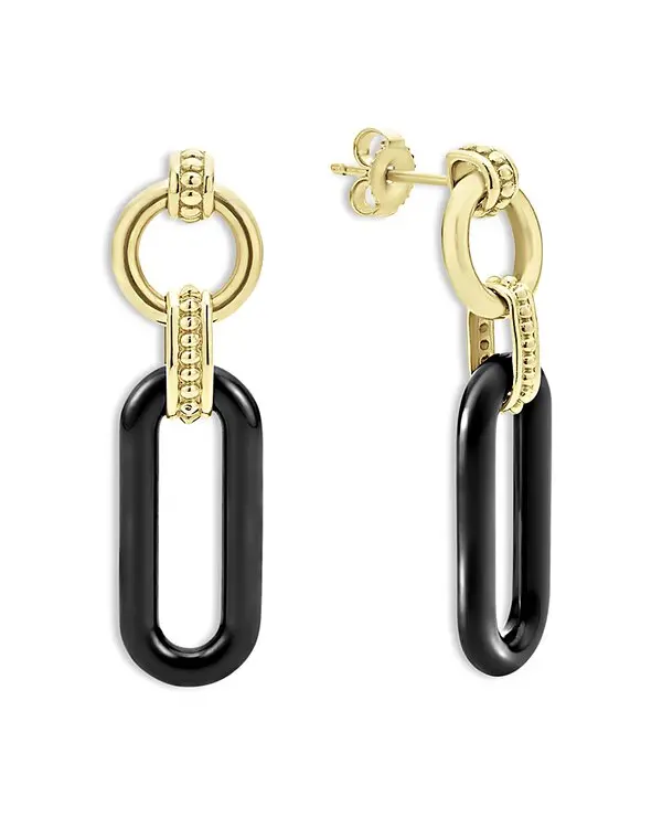 Lagos 18k Yellow Gold And Black Caviar Ceramic Link Earrings - Black/gold