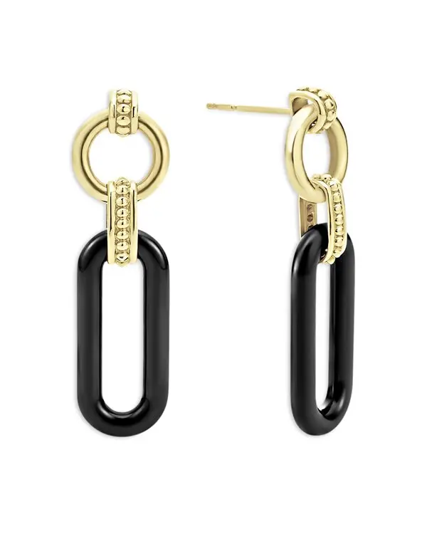 Lagos 18k Yellow Gold And Black Caviar Ceramic Link Earrings - Black/gold
