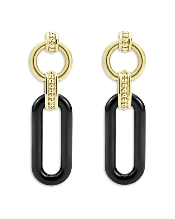 Lagos 18k Yellow Gold And Black Caviar Ceramic Link Earrings - Black/gold