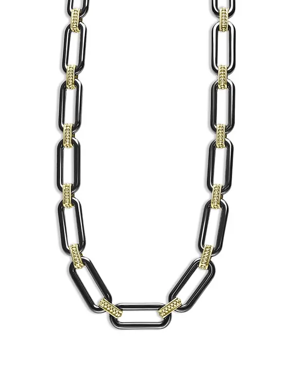 Lagos 18k Yellow Gold Signature Caviar Black Ceramic Link Necklace - Black/gold