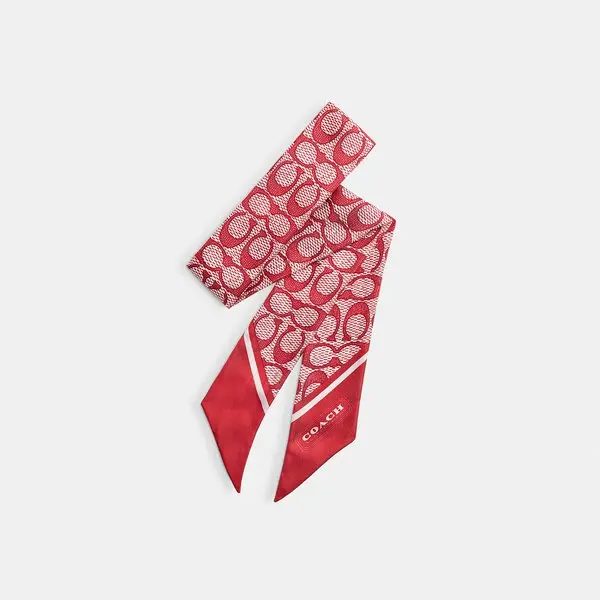 COACH Textured Signature Print Silk Skinny Scarf - True Red