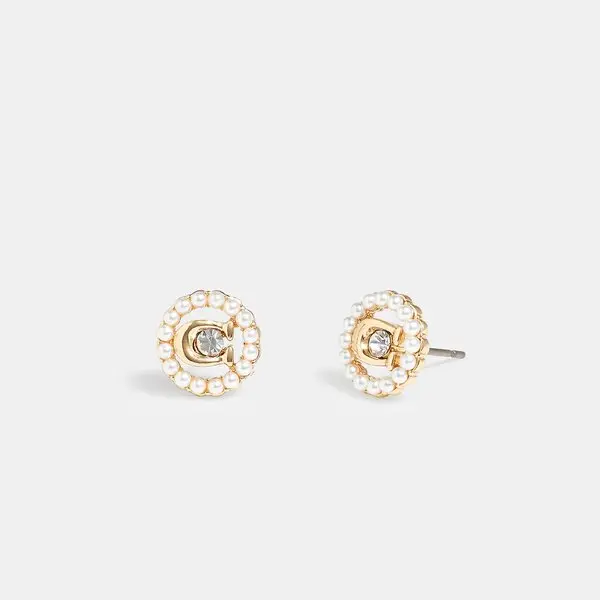 COACH Sculpted C Pearl Stud Earrings - Gold