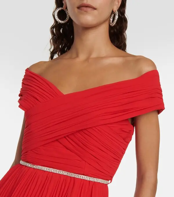 Self-Portrait Off-Shoulder Chiffon Midi Dress In Red - 30% Off