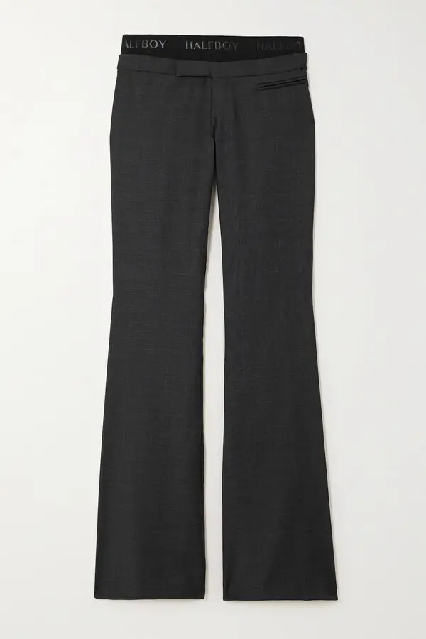 HALFBOY Layered Jacquard-trimmed Checked Wool Flared Pants - Gray