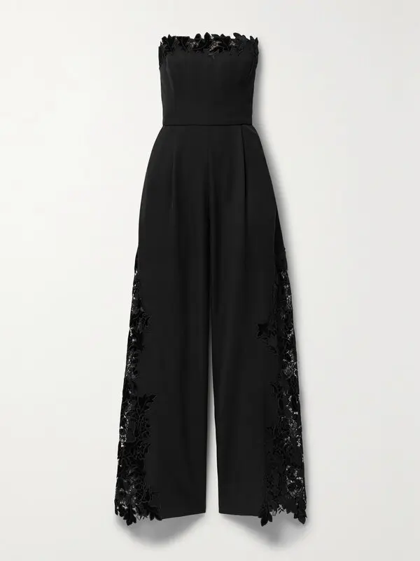 Oscar De La Renta Strapless Velvet Guipure Lace-trimmed Wool Jumpsuit - Black