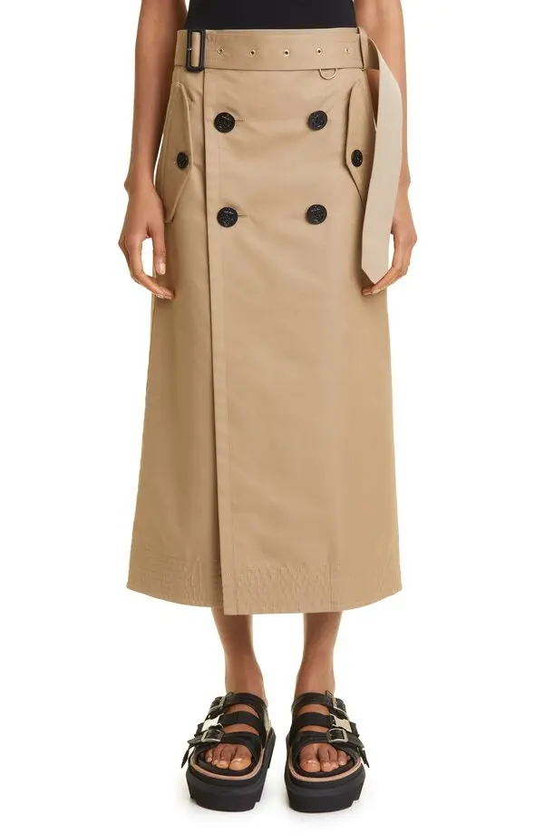 Sacai Pleat Back Cotton Blend Gabardine Skirt - Beige