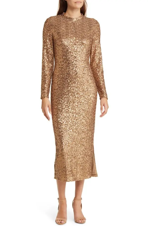 chinese dress ladies North Star Silver Sequin Long-Sleeve Midi Dress With Feather Cuffs – Club L  London main image 1
