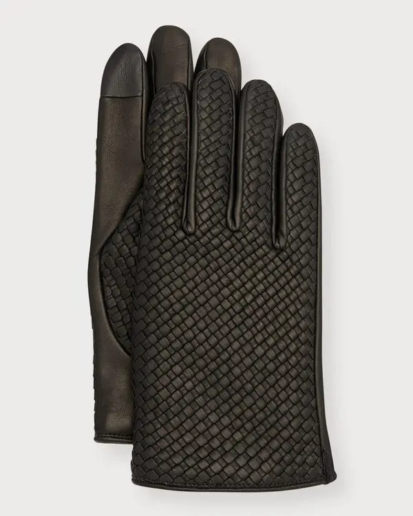 AGNELLE Woven Patina Leather Gloves - Black