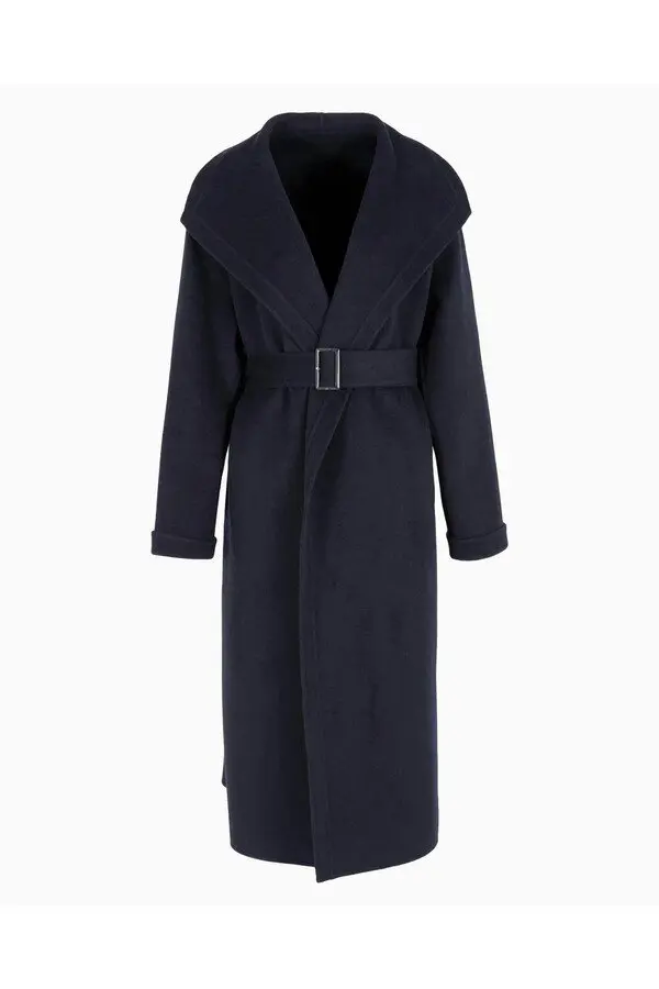 Emporio Armani Compact Double Wool-blend Robe Coat - Blue / Navy
