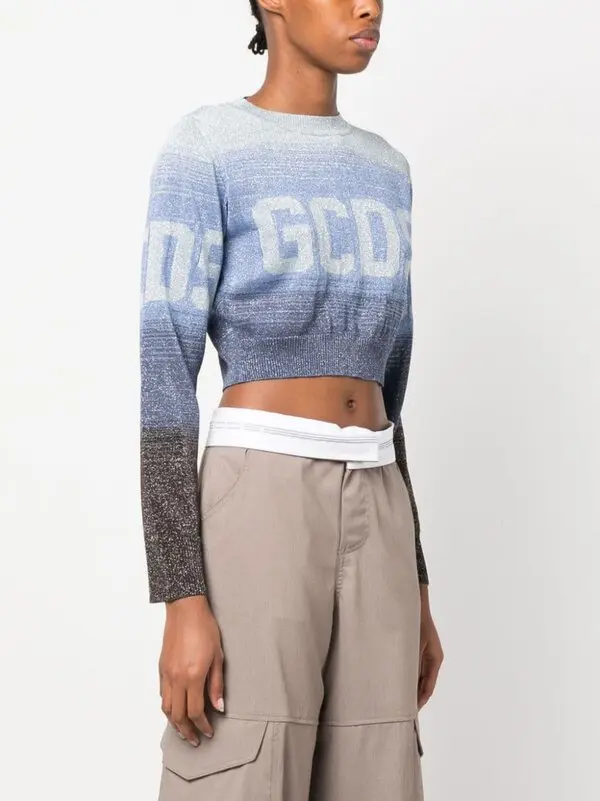 Gcds Intarsia-knit Logo Cropped Jumper - Blue