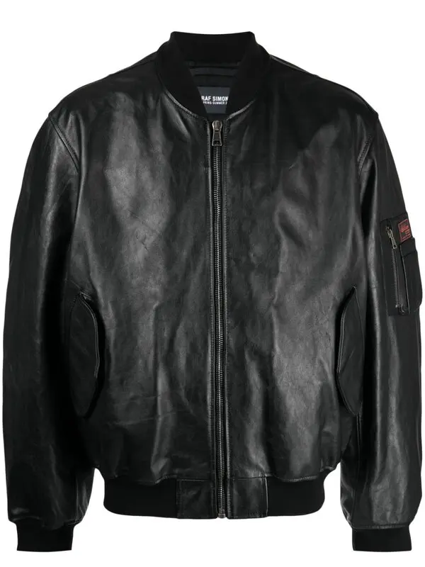 Raf Simons Logo-Patch Leather Bomber Jacket In Brown - 45