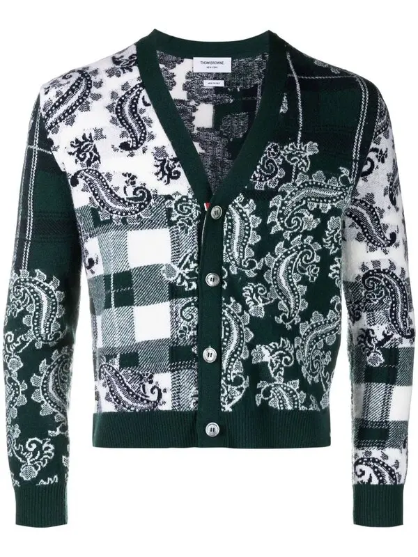Thom Browne Patterned Jacquard Virgin Wool Cardigan - Green
