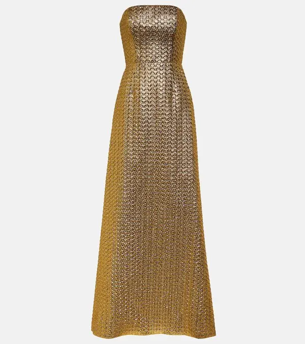 slim fit dress slacks Carolina Herrera Gold Silk Long Sleeve Maxi Dress