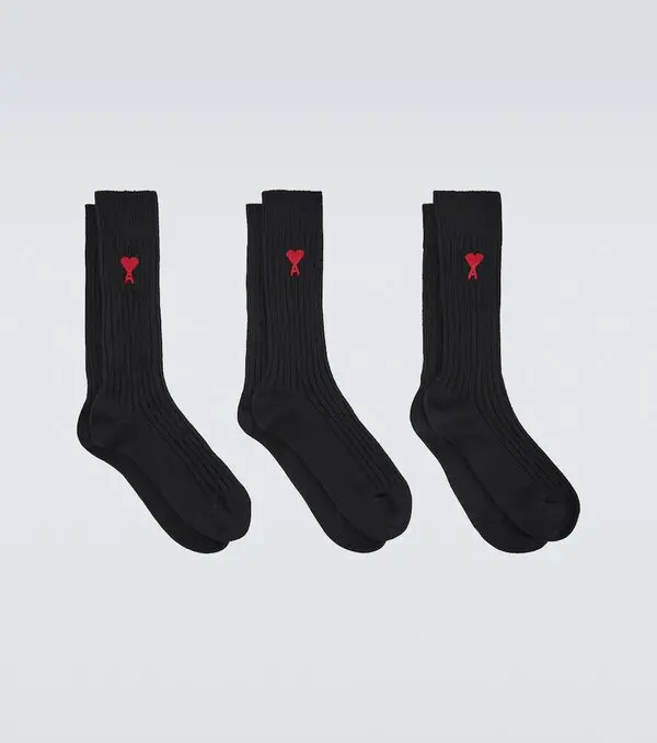 Ami Set Of 3 Cotton-blend Crew Socks - Black