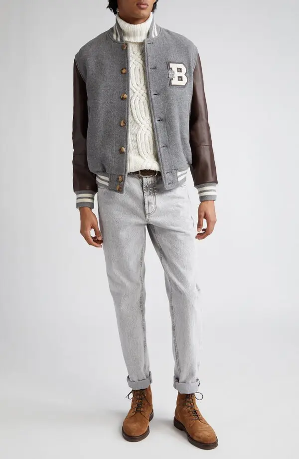 Brunello Cucinelli Wool & Leather Varsity Jacket