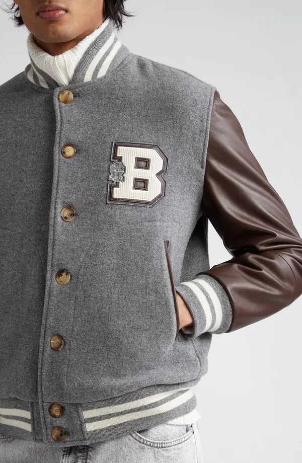 Brunello Cucinelli Wool & Leather Varsity Jacket