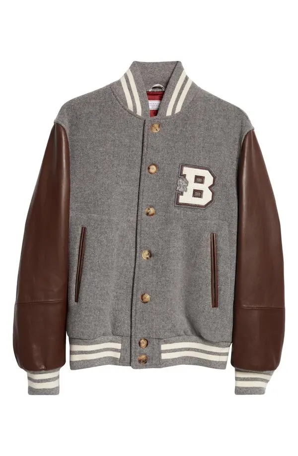 Brunello Cucinelli Wool & Leather Varsity Jacket