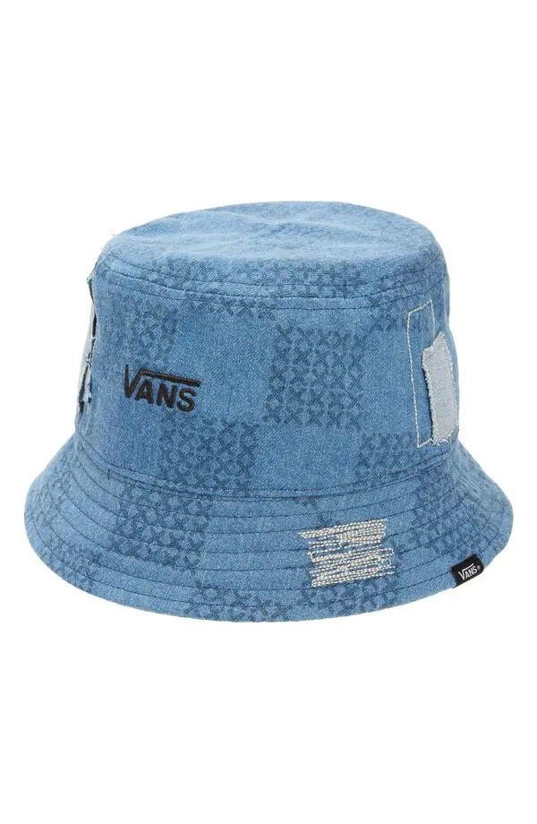 Vans Mended Check Denim Bucket Hat In Stone Wash 35% Off