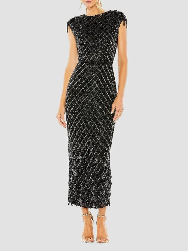 Mac Duggal Crystal Fringe Cap-sleeve Dress