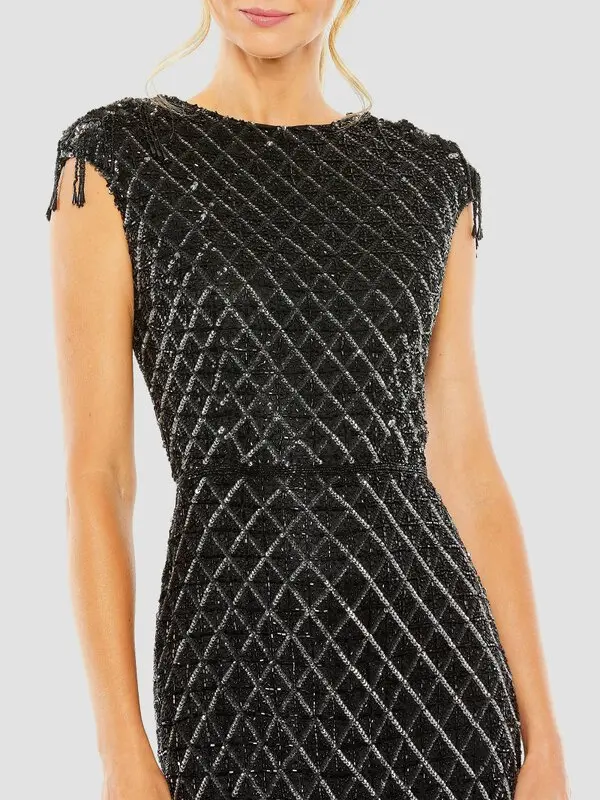 Mac Duggal Crystal Fringe Cap-sleeve Dress