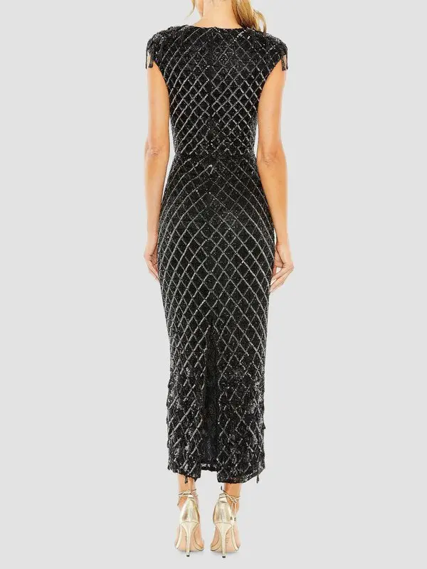 Mac Duggal Crystal Fringe Cap-sleeve Dress