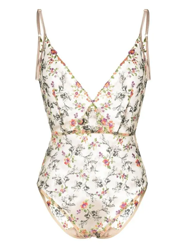 GILDA & PEARL Floral-embroidery Silk Bodysuit - Brown
