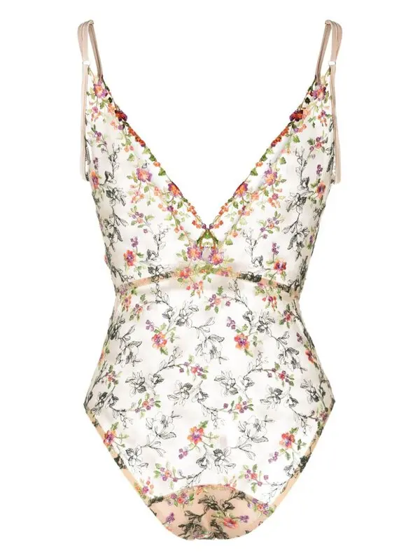GILDA & PEARL Floral-embroidery Silk Bodysuit - Brown
