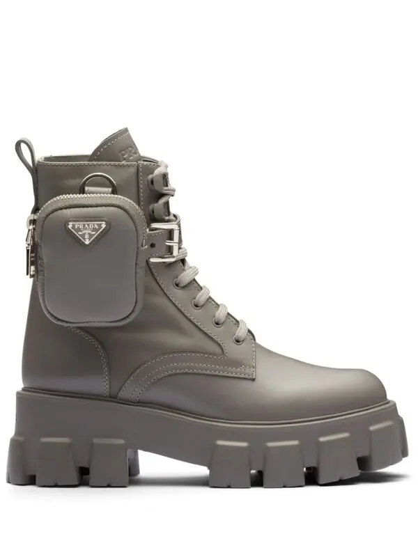 Prada Monolith Leather Ankle Boots With Pouch Detail - Grey  display picture 1