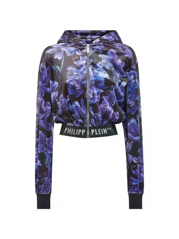 Philipp Plein Floral-print Cropped Hoodie - Black