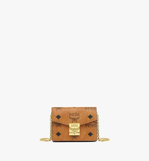 Mcm Tracy Chain Card Wallet In Visetos - Cognac