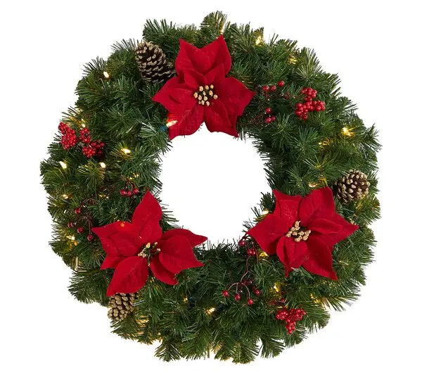 NEARLY NATURAL 24' Poinsettia, Berry, Pinecone Reath W/lights - One-color