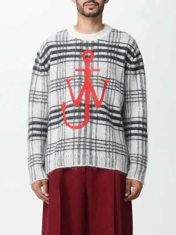 JW Anderson Plaid Knit Sweater With Anchor Logo - White
