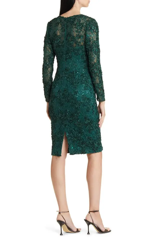 Xscape Evenings Soutache Three-Quarter Sleeve Lace Sheath Dress - Hunter |  Editorialist