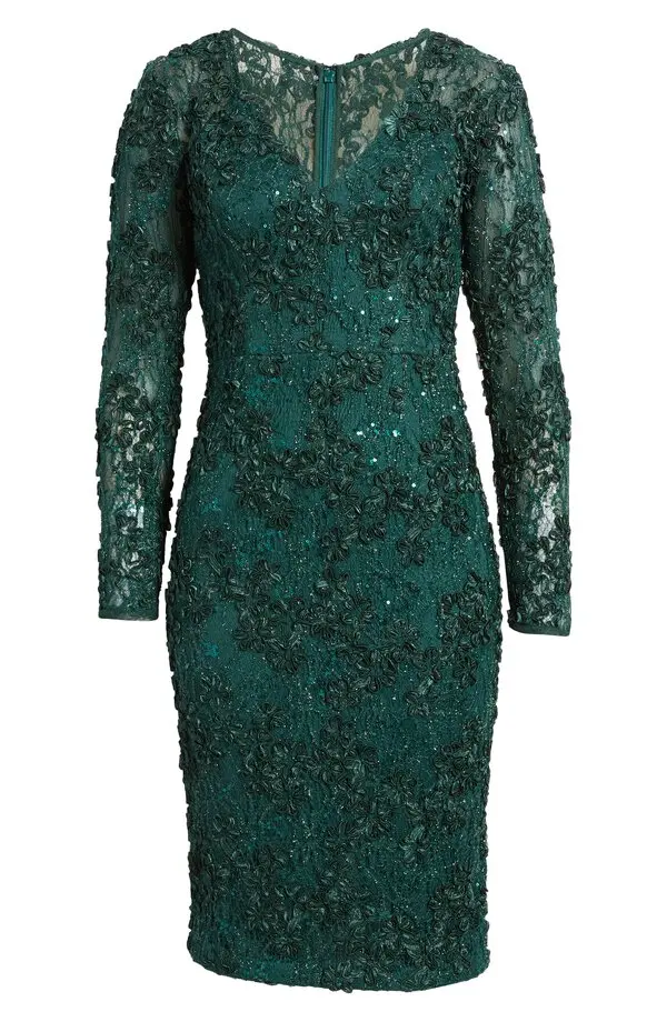 Xscape Evenings Soutache Three-Quarter Sleeve Lace Sheath Dress - Hunter |  Editorialist