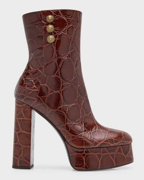 Balmain Brune Croco Button Platform Booties In 8ao Marron Fonce