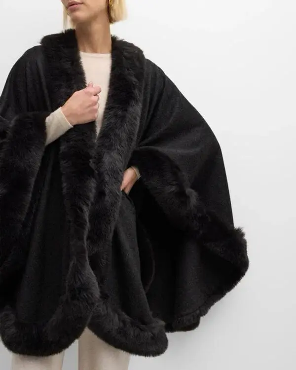 Sofia Cashmere Cape With Faux Fur Trim - Charcoal