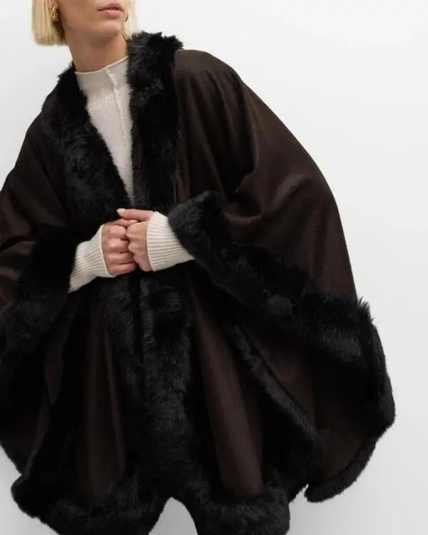 Sofia Cashmere Cape With Faux Fur Trim - Chocolate
