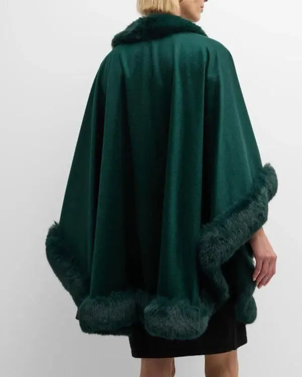 Sofia Cashmere Cape With Faux Fur Trim - Emerald